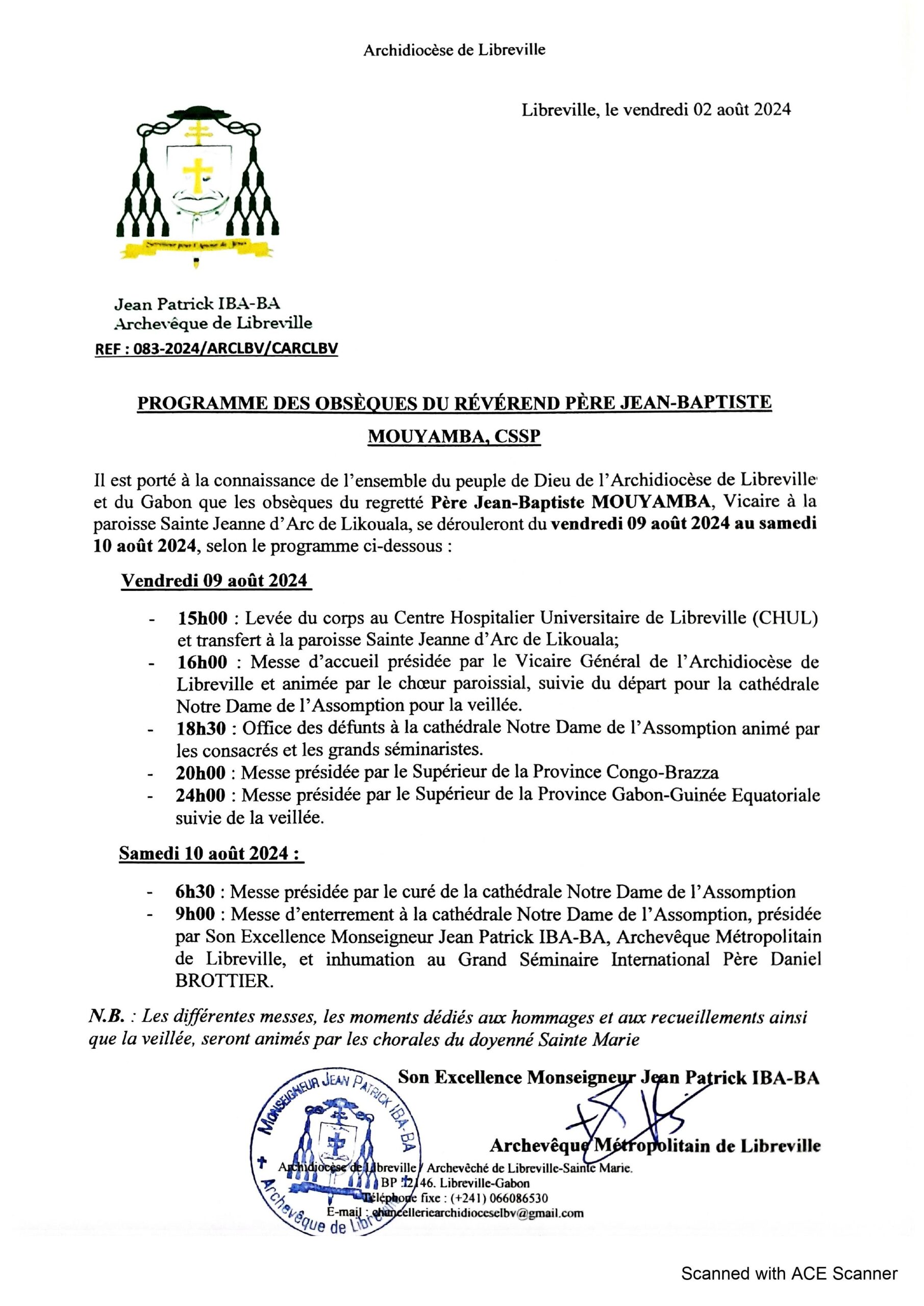 Programme des obsèques du Père Jean-Baptiste MOUYAMBA